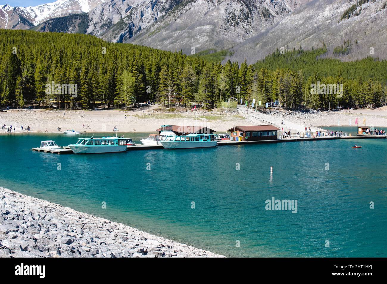 Marina and mountain lake in Banff National Park, Alberta, Canada Stock ...