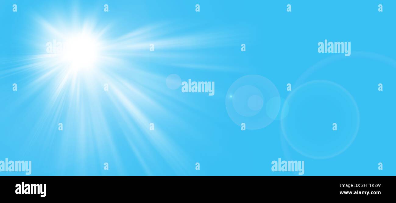 Sunny background, sun in summer on blue sky with lens flare.The sun's ...