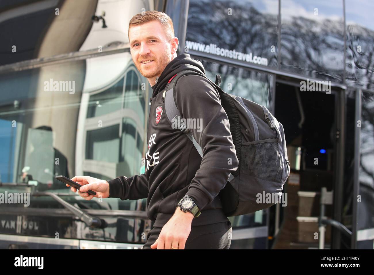 Marc Sneyd (7) of Salford Red Devils arrives at the MKM Stadium ahead ...