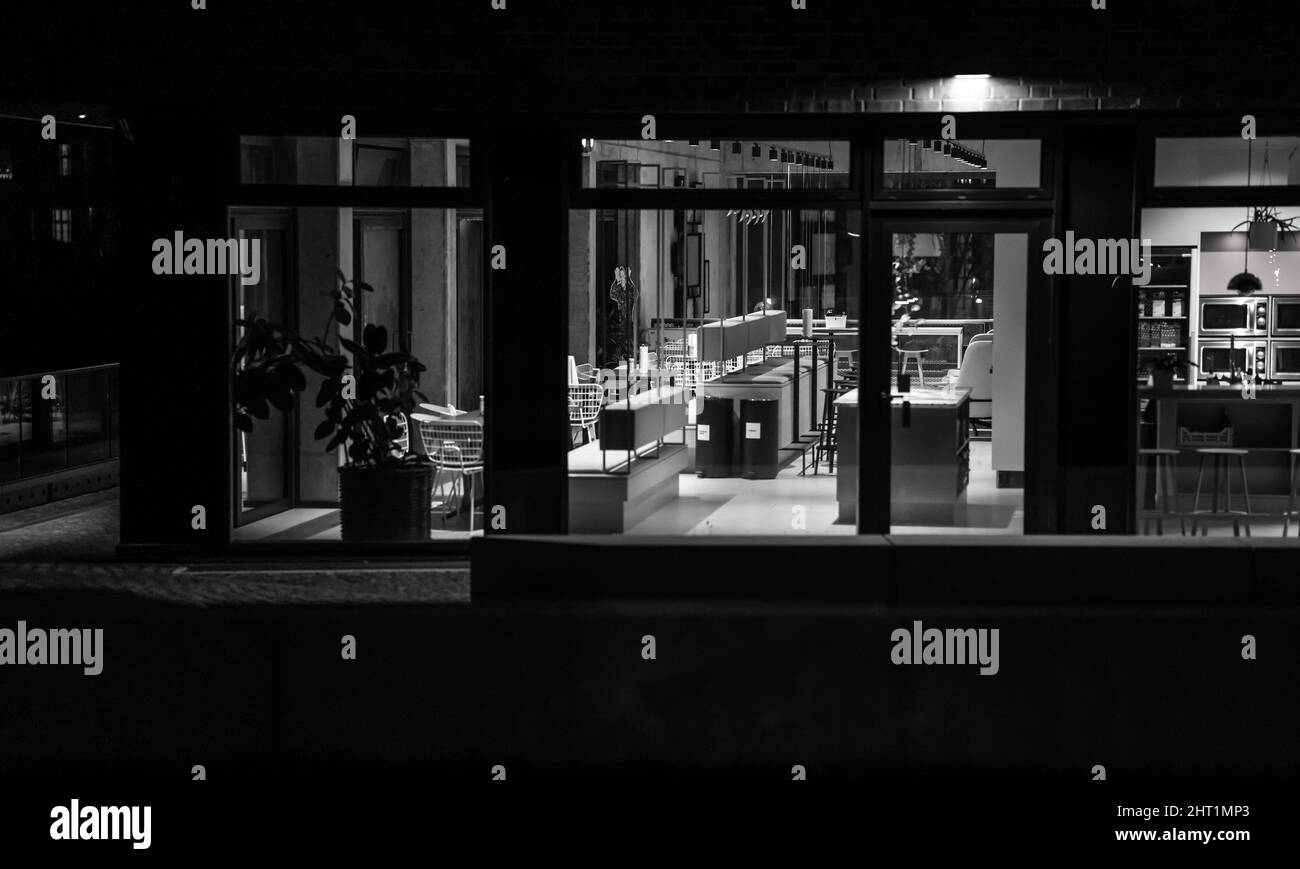 Grayscale of a closed bar from the outside Stock Photo - Alamy