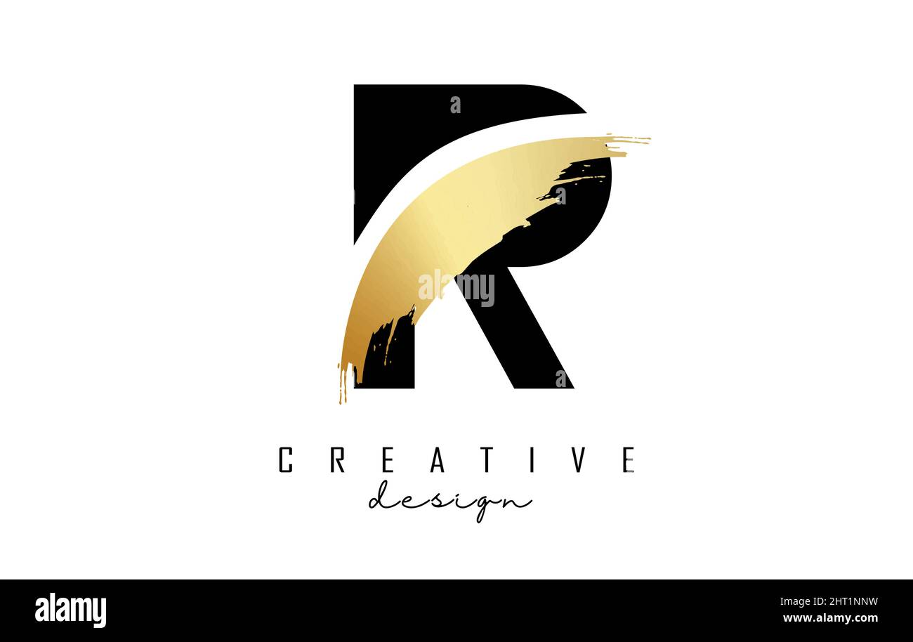 Letter R logo with golden brush stroke and creative cut. Creative ...