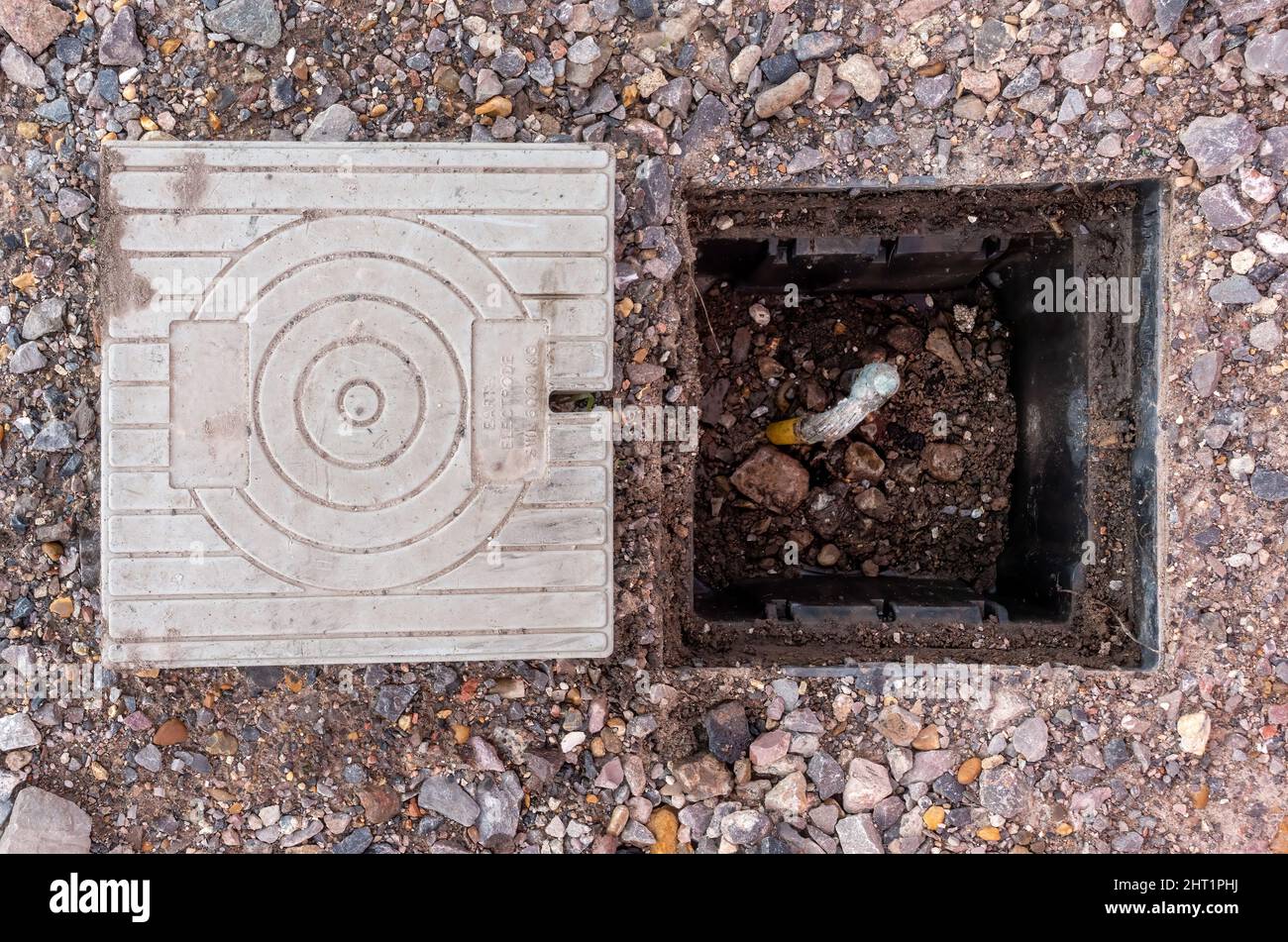 Open substation earth pit showing copper earth electrode Stock Photo ...