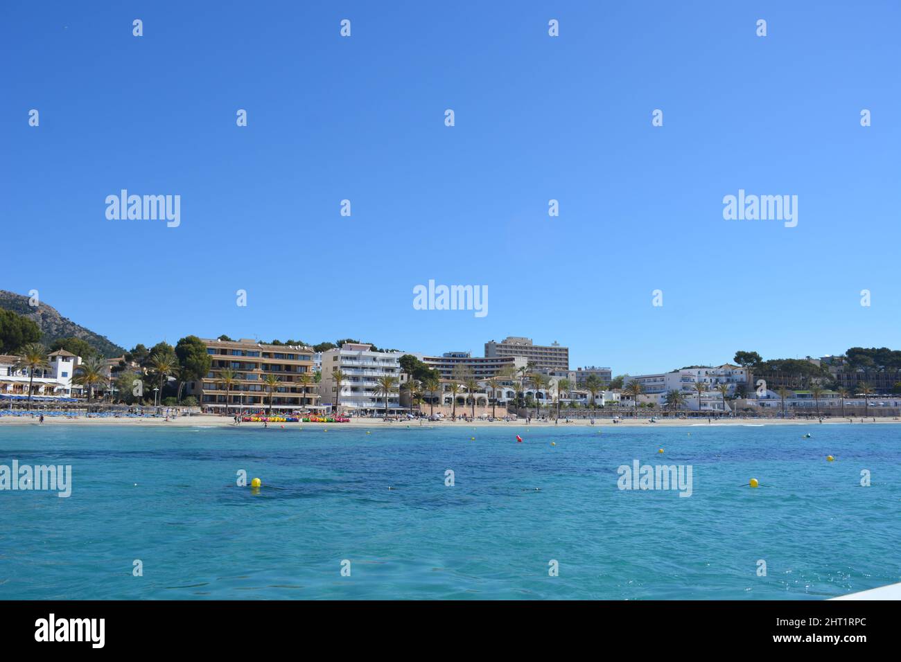 Scenic view of the blue ocean against the buildings and palm trees on ...