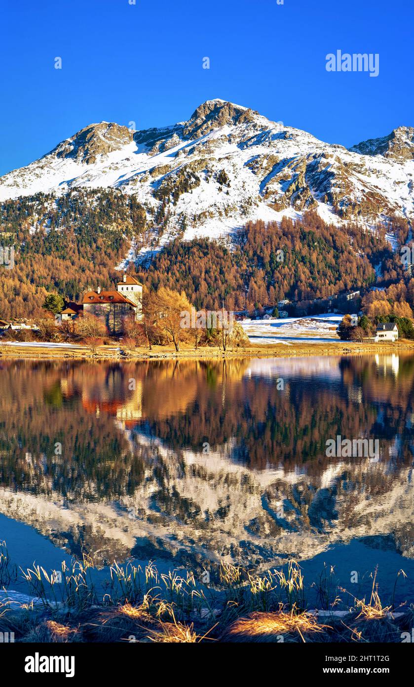 Natural view of the reflection of the mountain on the surface of a calm ...