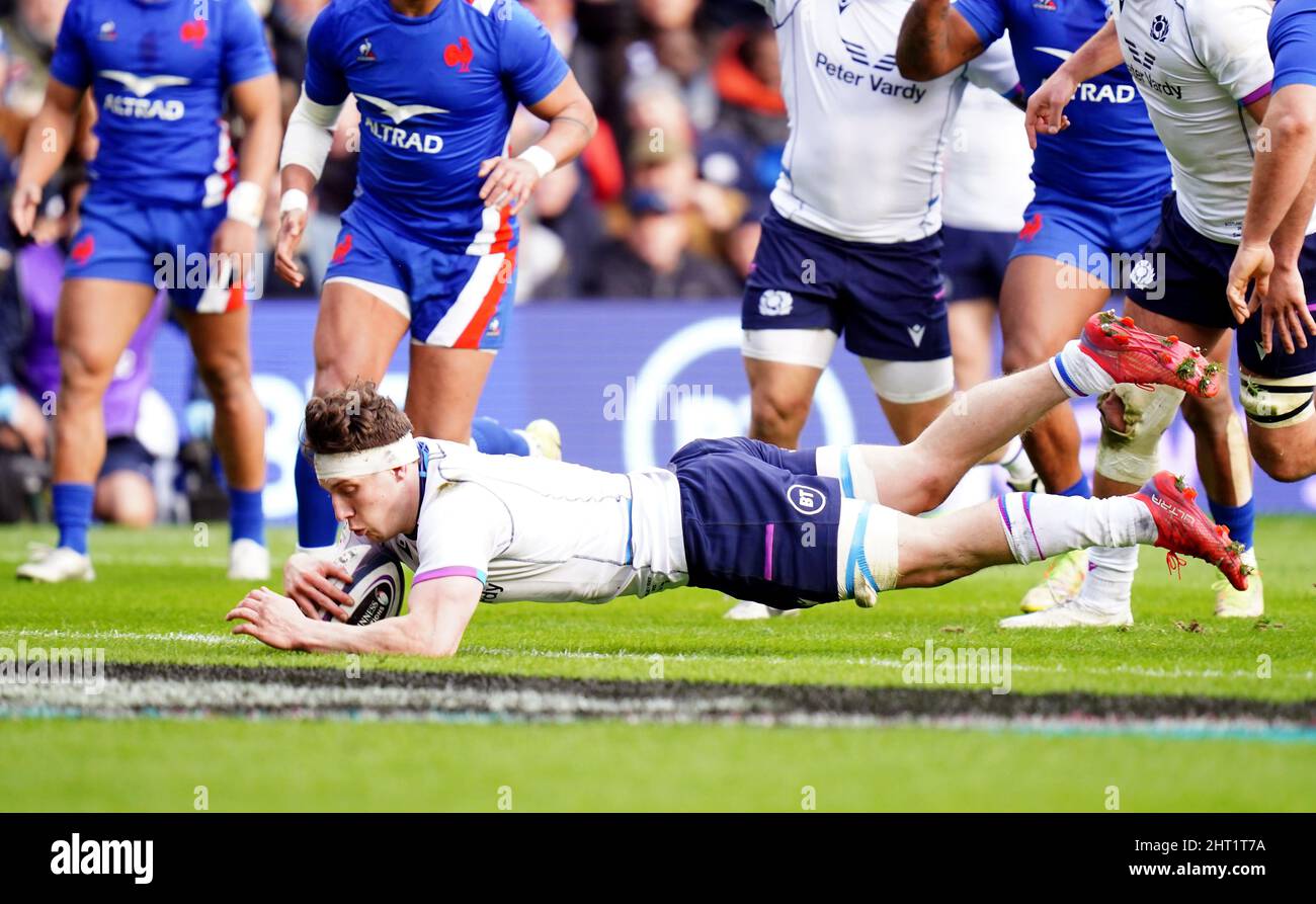 Scotland's Rory Darge dives in to score their side's first try during ...