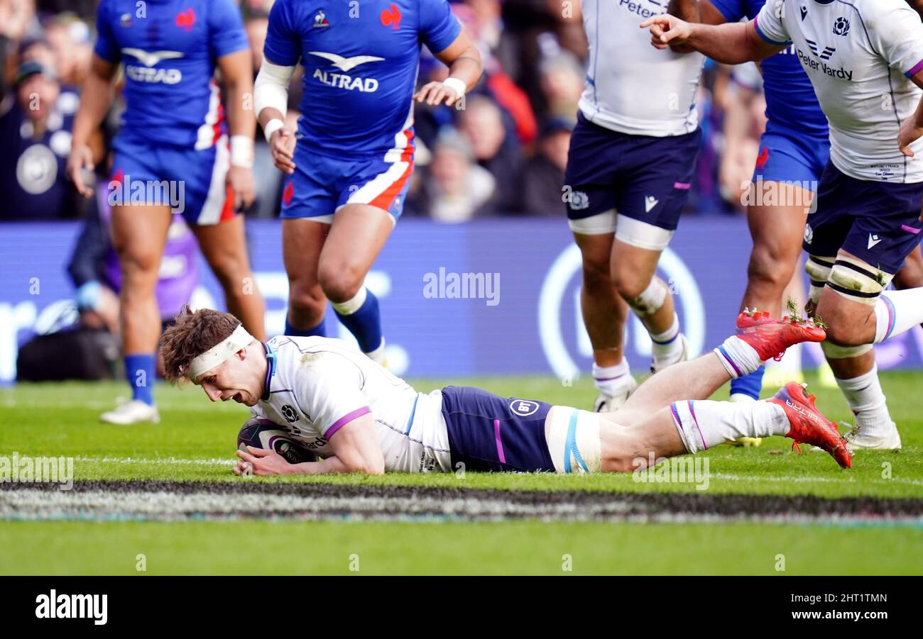 Scotland's Rory Darge dives in to score their side's first try during ...