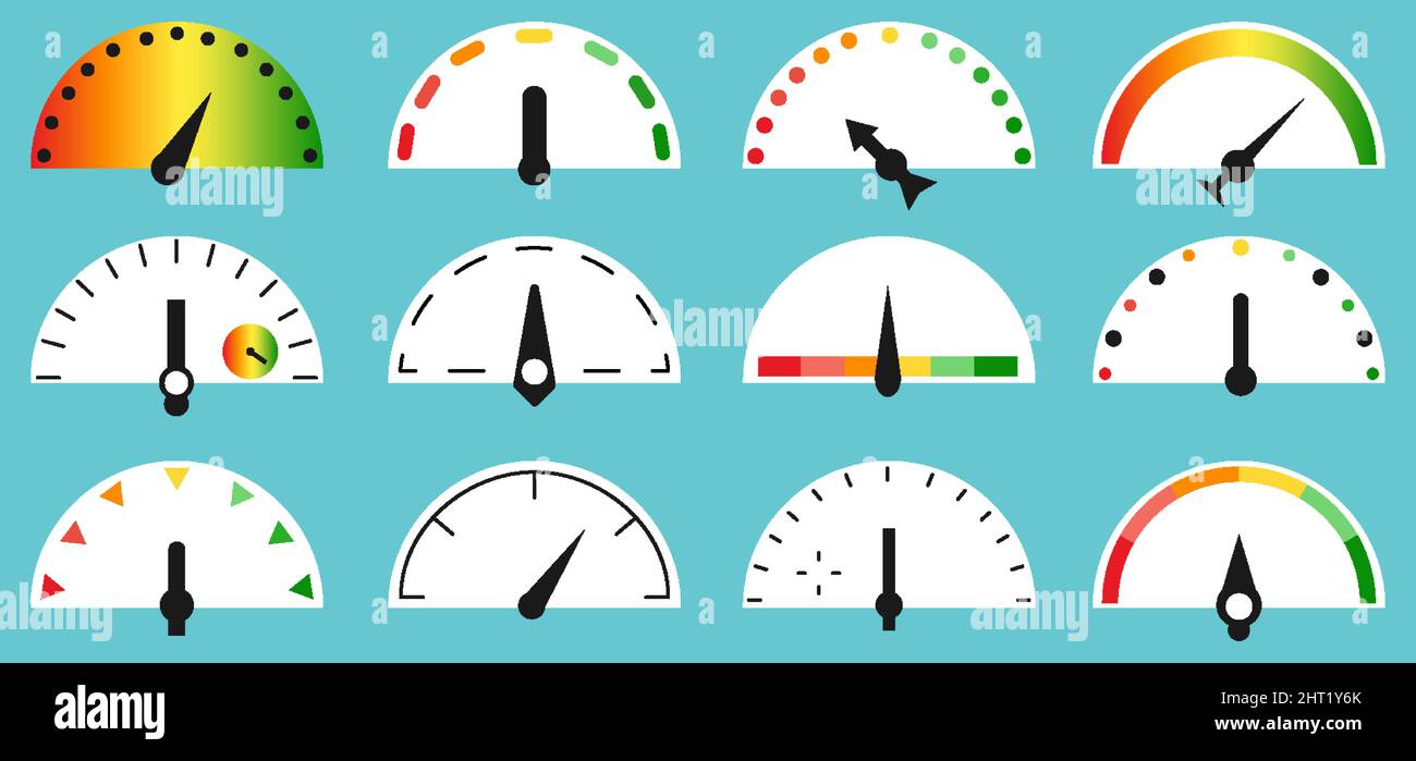 Speedometers and indicators, scales with gradient icon set isolated on blue background. Speed ...