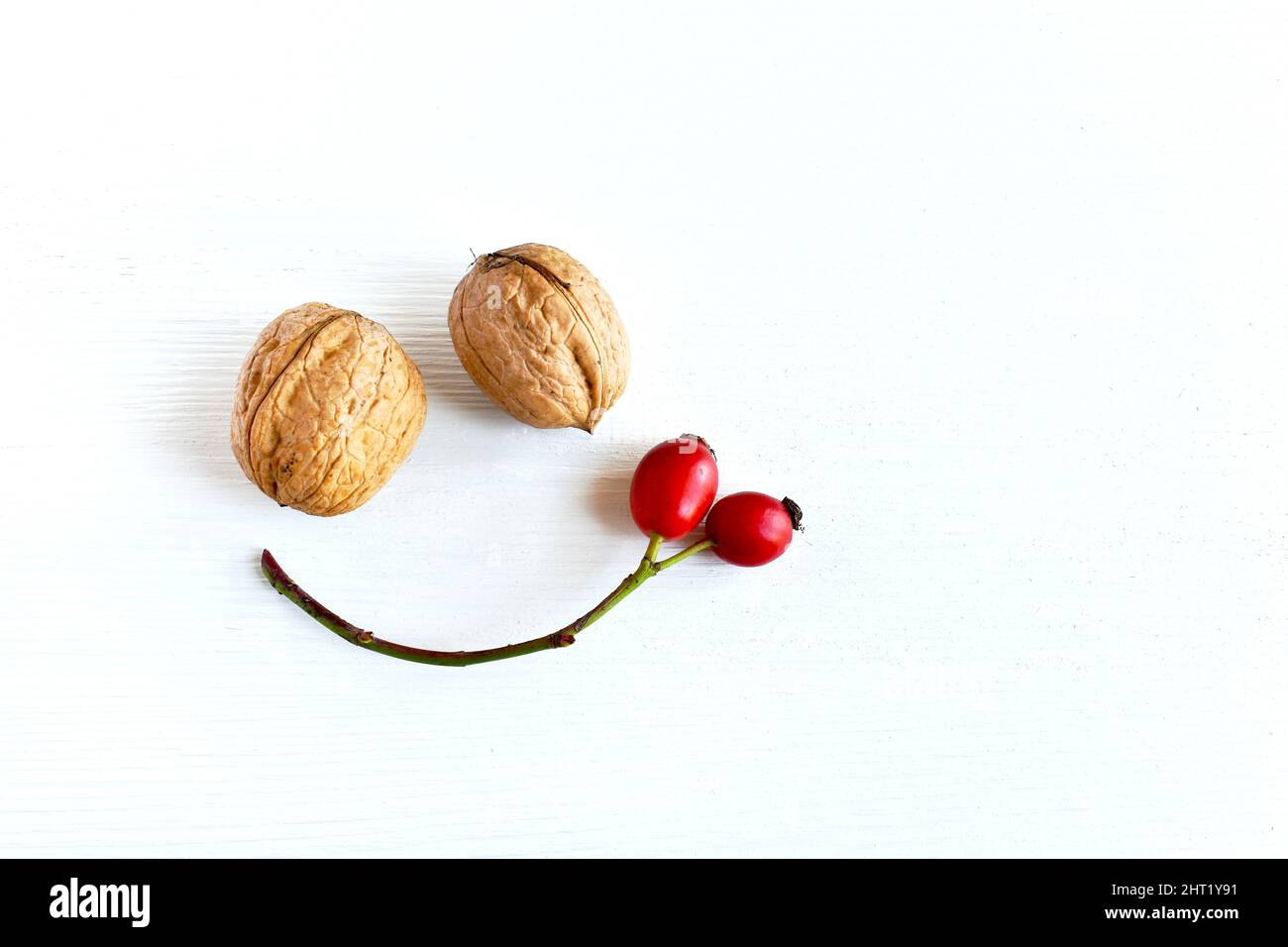 Walnuts, red rose hips, composition resembling a smiling face, autumn ...