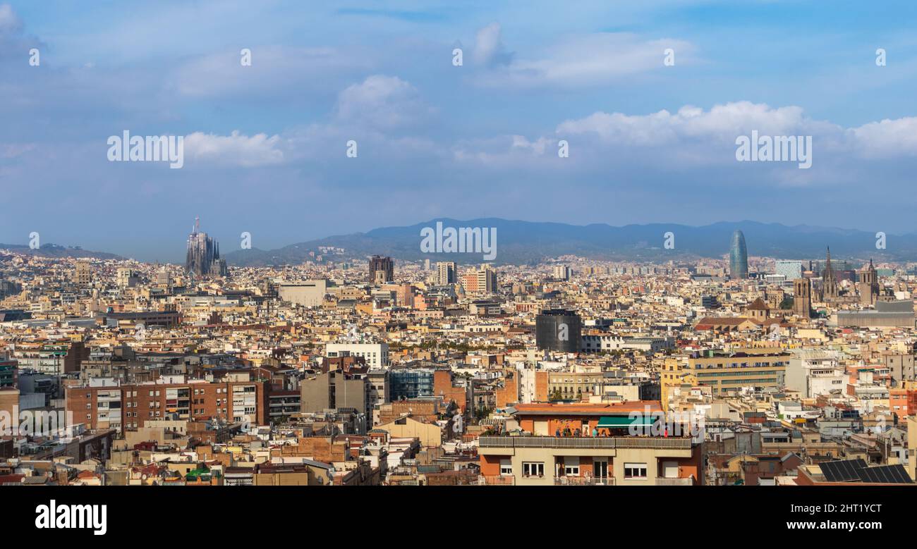 Barcelona, Oct 2021: Skyline of Barcelona with famous buildings Sagrada ...