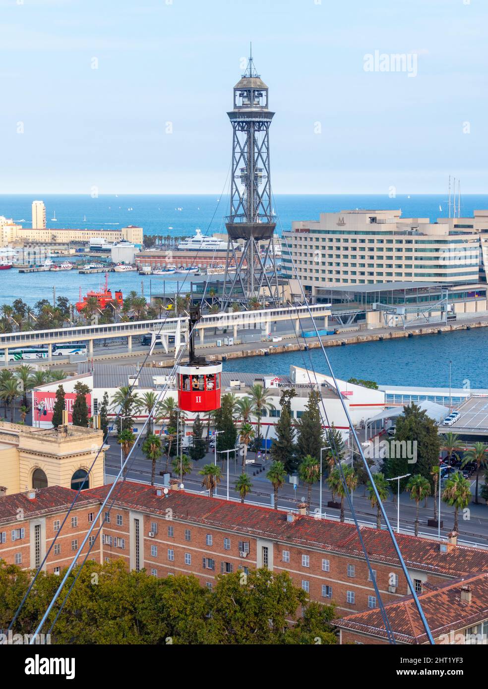 Barcelona, Oct 2021: Red cable car from Montjuïc to Barceloneta's port ...