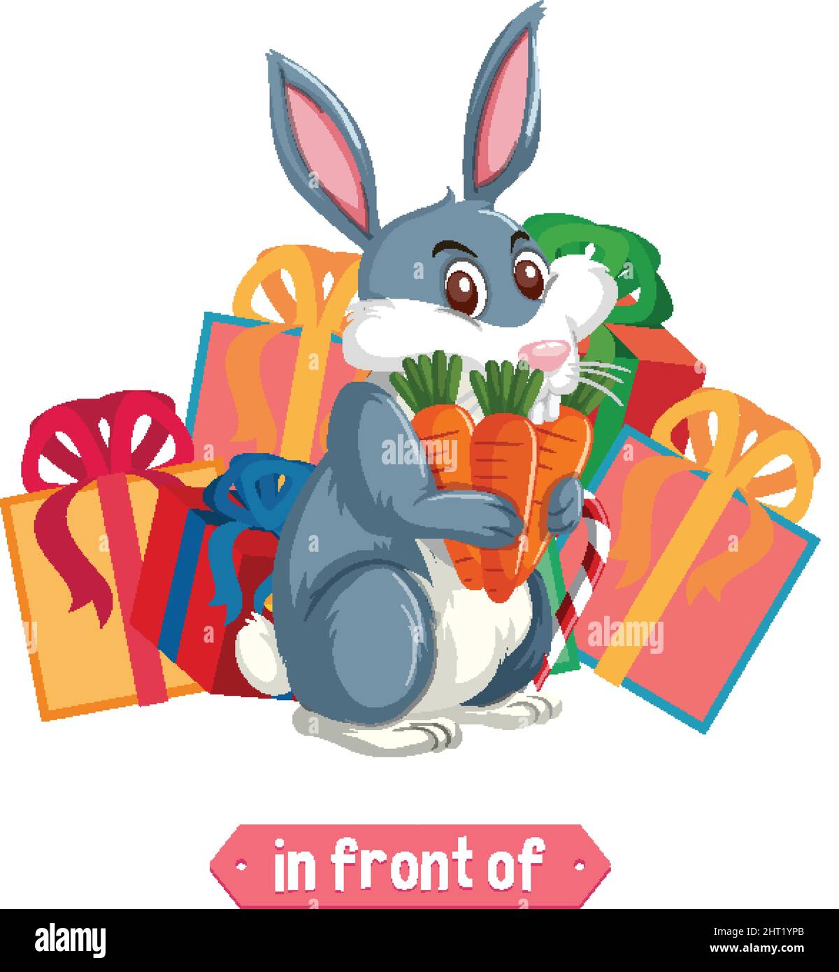 Preposition wordcard with bunny and present boxes illustration Stock ...