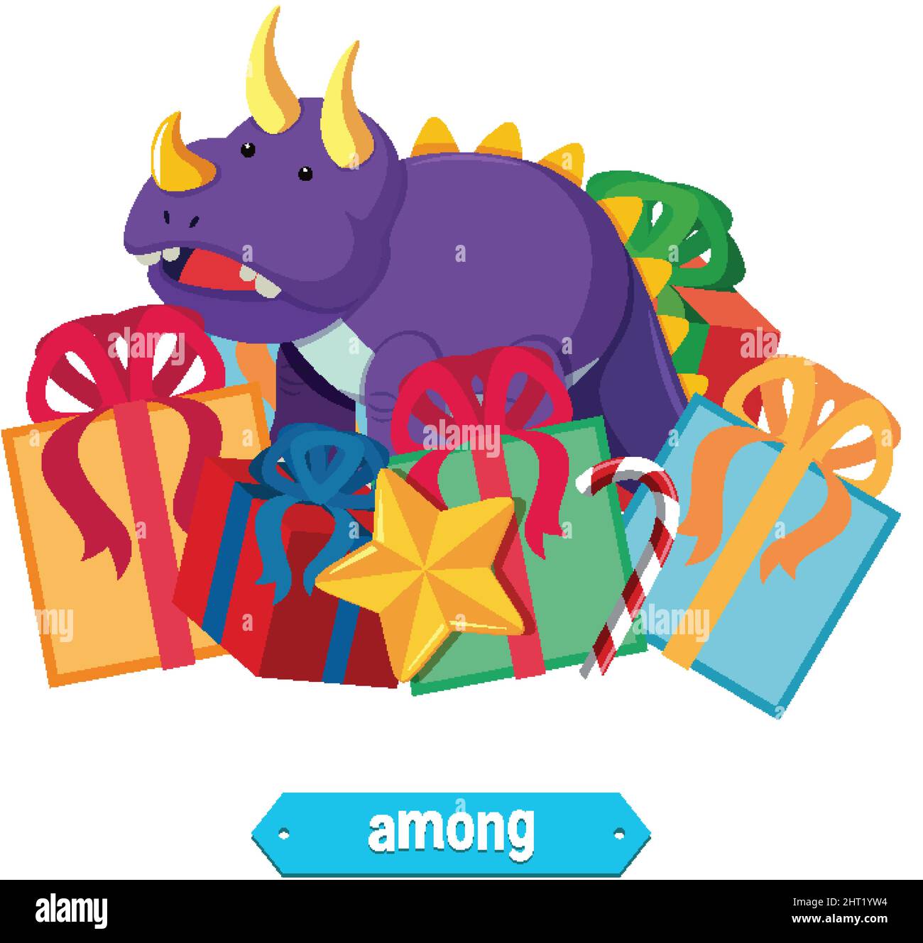 Preposition wordcard with dinosaur and present illustration Stock ...