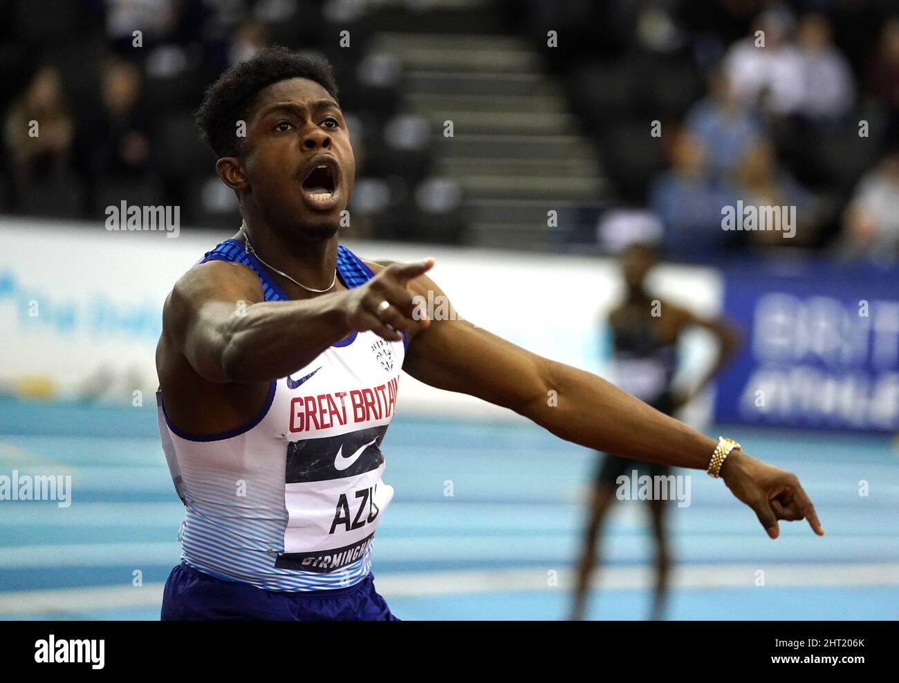Jeremiah Azu celebrates winning the Men's 60m semi final during day one ...