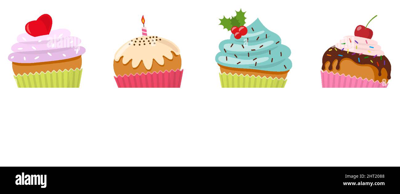 Cupcakes banner with red heart, candle, holly, cherry isolated on white ...