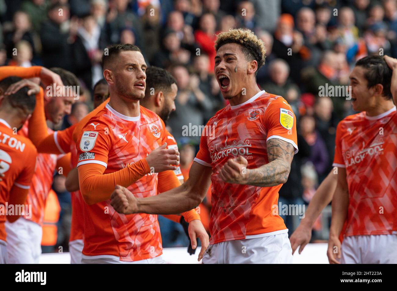Jordan Lawrence-Gabriel #4 of Blackpool celebrates his sides goal to ...