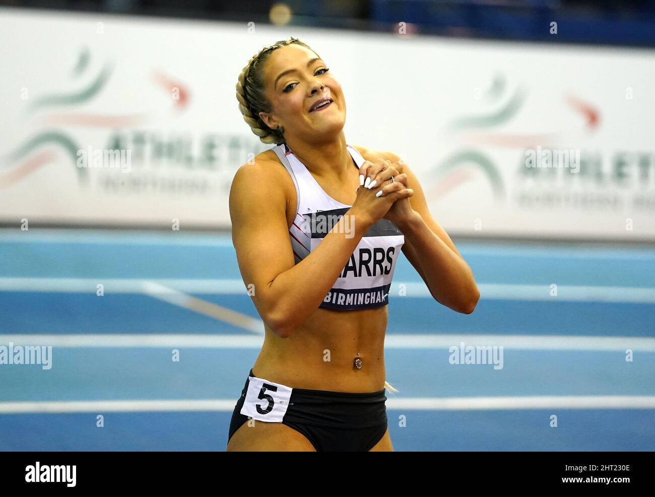 Megan Marrs reacts after winning the Women's 60m Hurdles final during ...