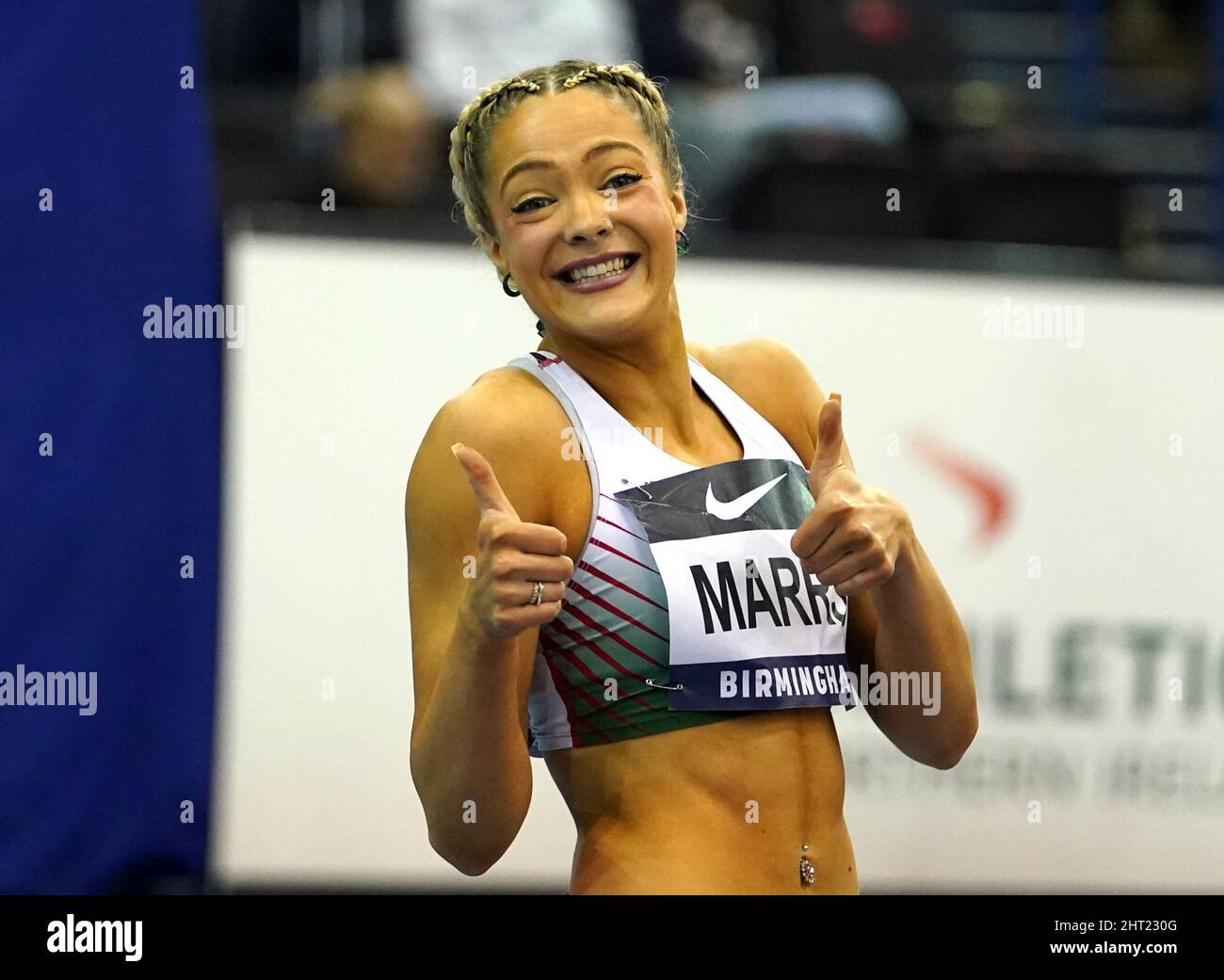 Megan Marrs reacts after winning the Women's 60m Hurdles final during ...