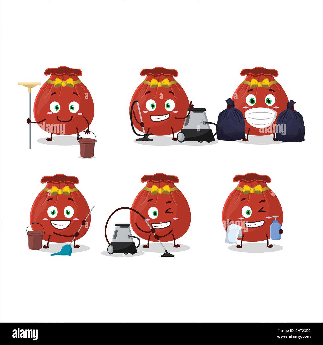 Cleaning service red bag cute cartoon character using mop. Vector ...
