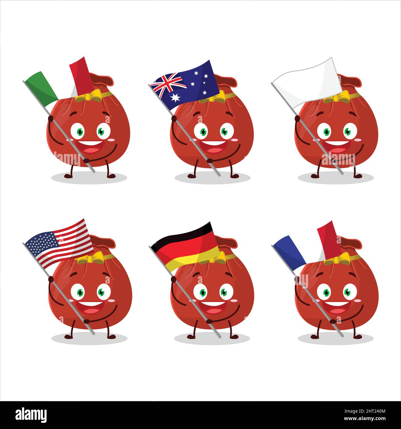 Red Bag Cartoon Character Bring The Flags Of Various Countries Vector