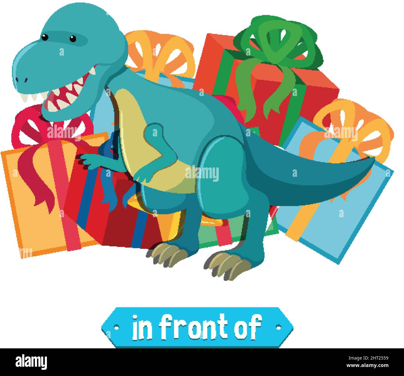 Preposition wordcard with dinosaur and present illustration Stock ...