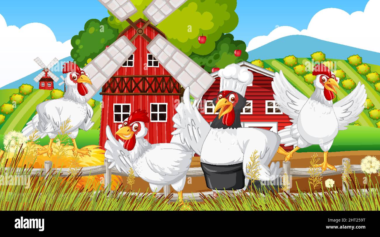 Chickens cartoon characters in farm scene illustration Stock Vector ...