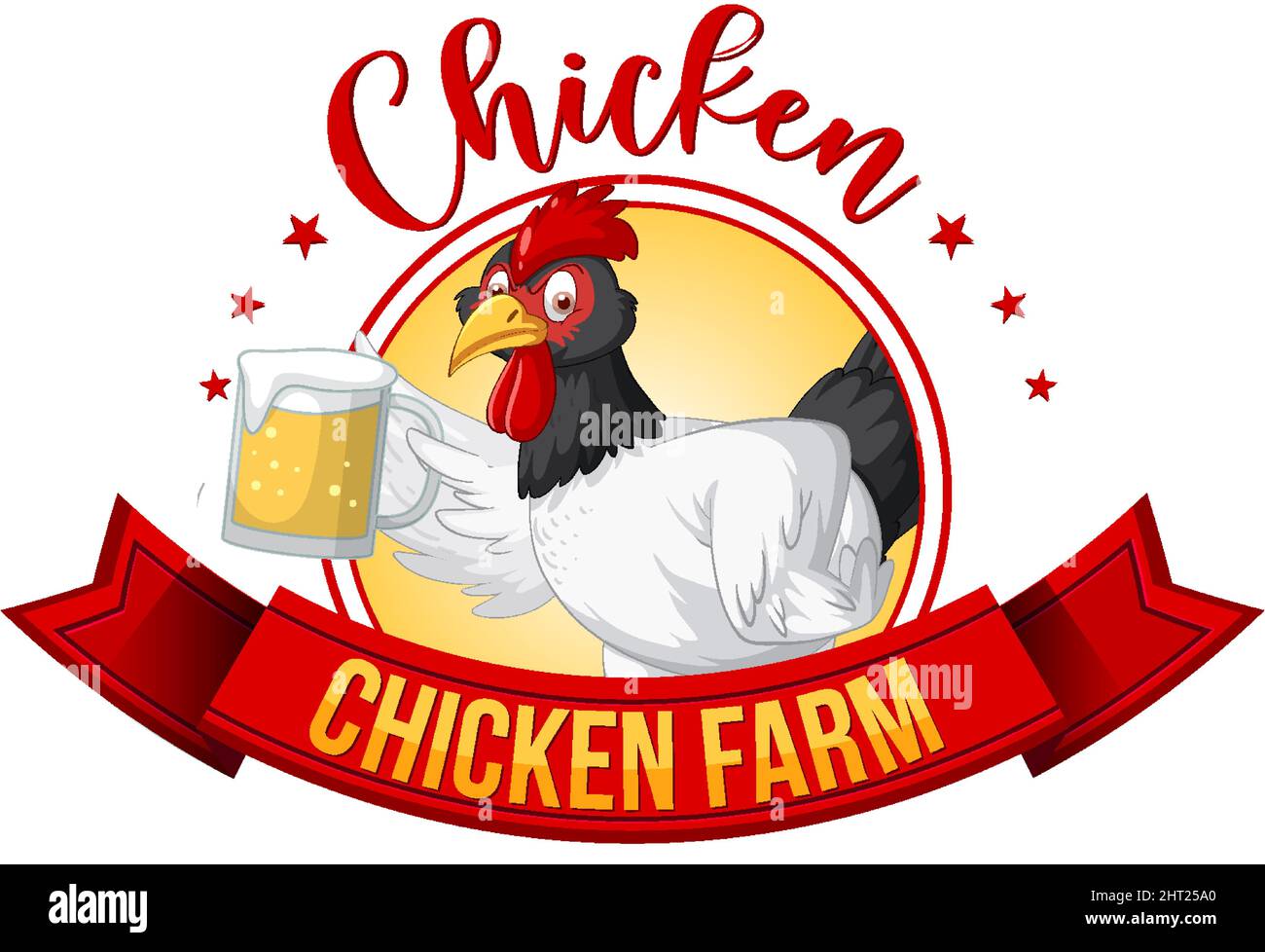 Chicken holding beer cartoon character with chicken farm banner ...