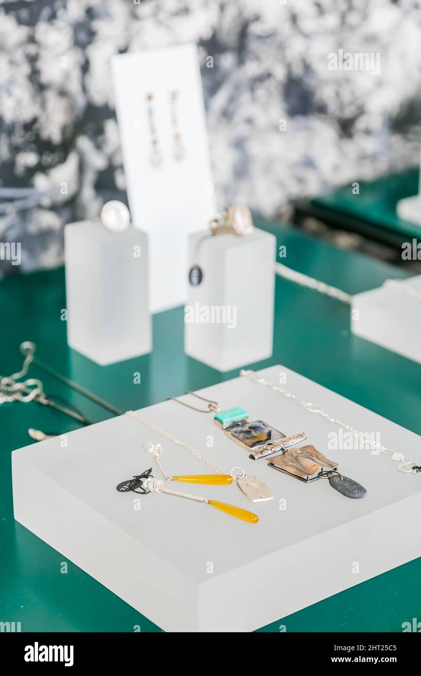 Items on display at exhibitor stand at hand-made design fair Stock ...