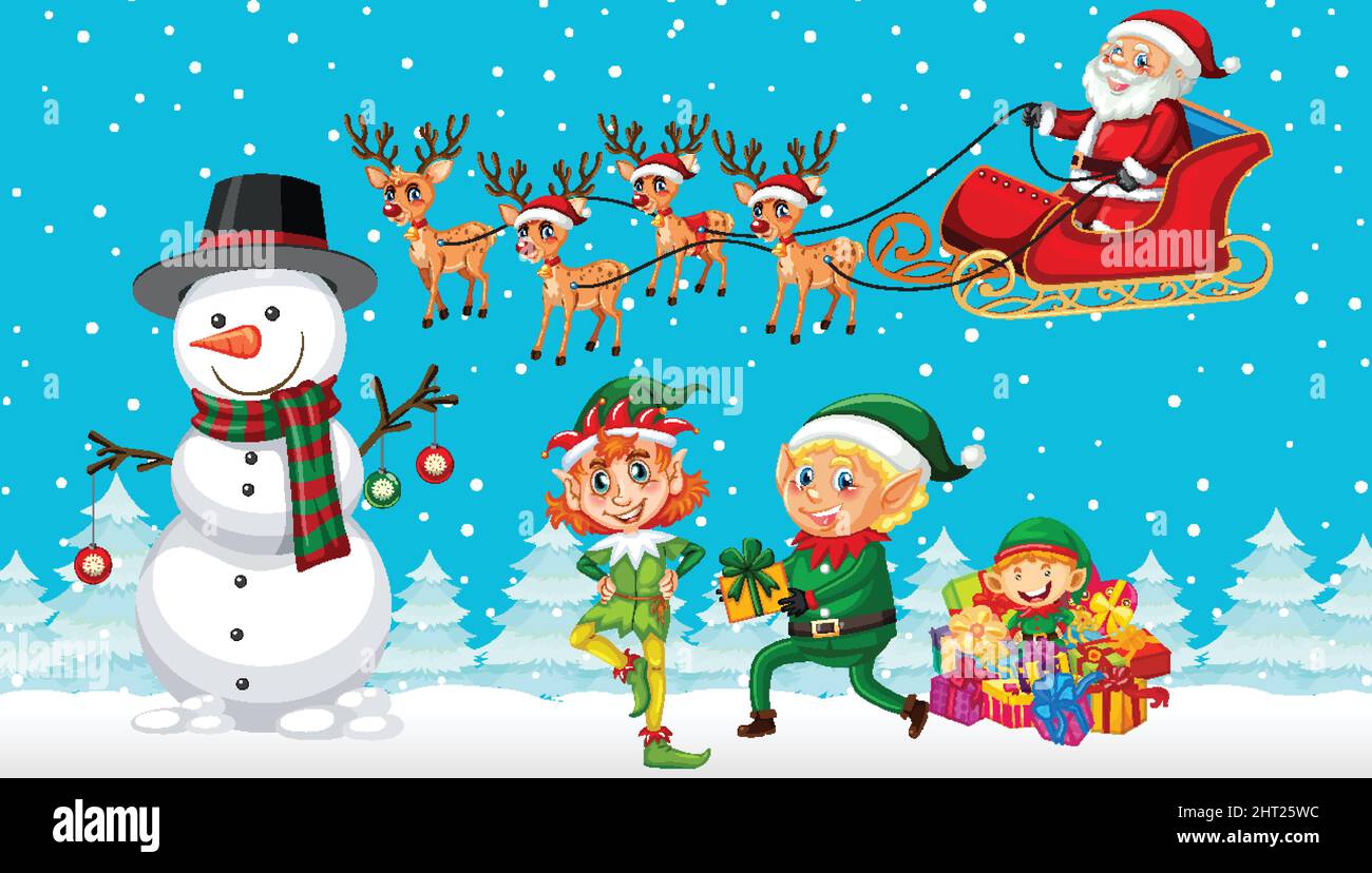 Christmas cartoon characters on snowy blue background illustration ...