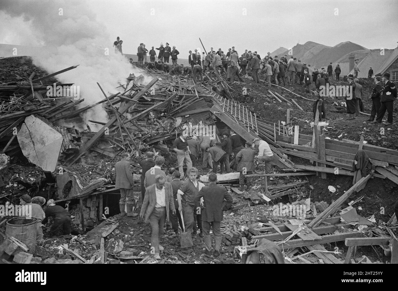 Aberfan - 21st October 1966 A bonfire is made near to where the mud ...