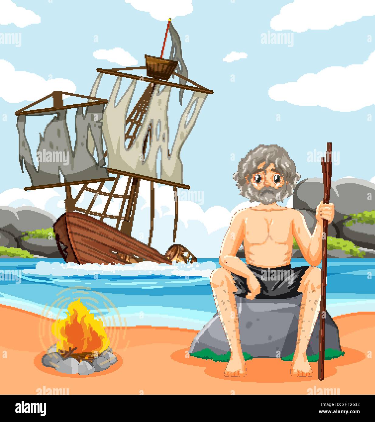 A man on deserted island isolated illustration Stock Vector Image & Art ...