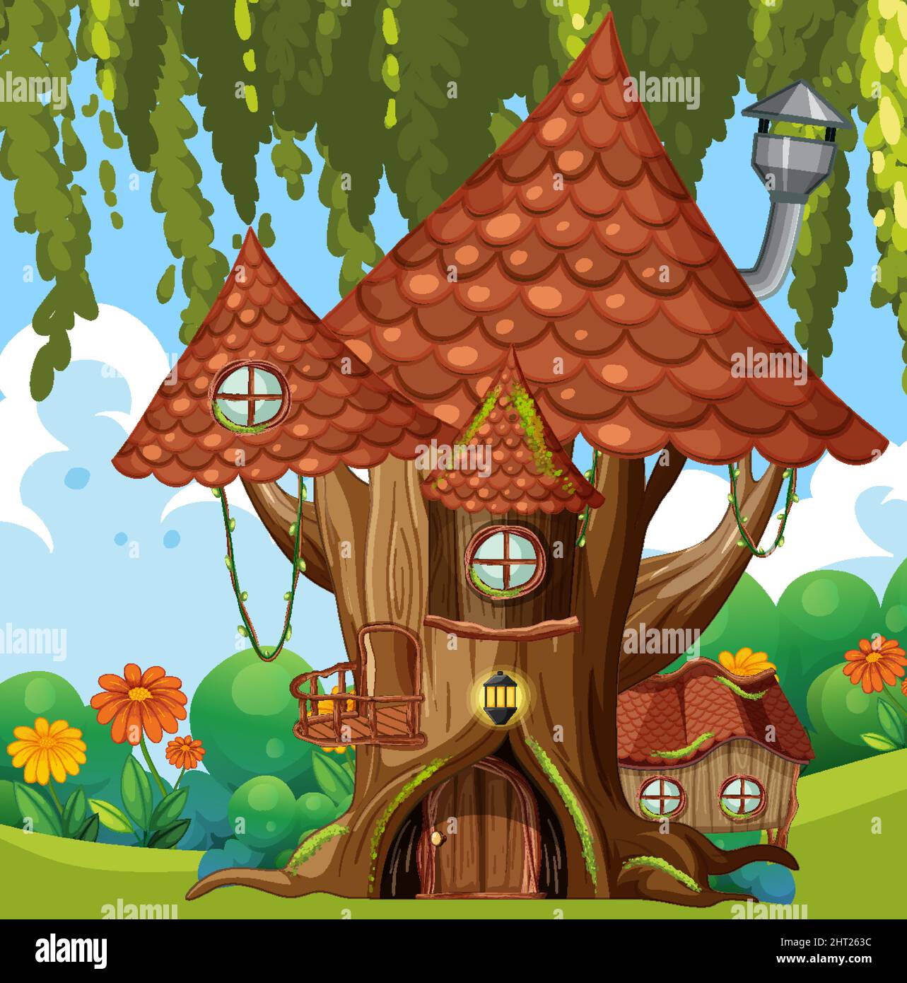 Fairy tree house in the forest scene illustration Stock Vector Image ...