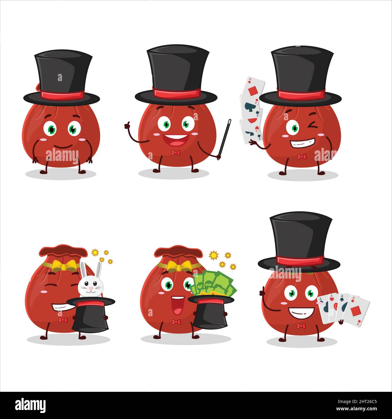A red bag Magician cartoon character perform on a stage. Vector ...