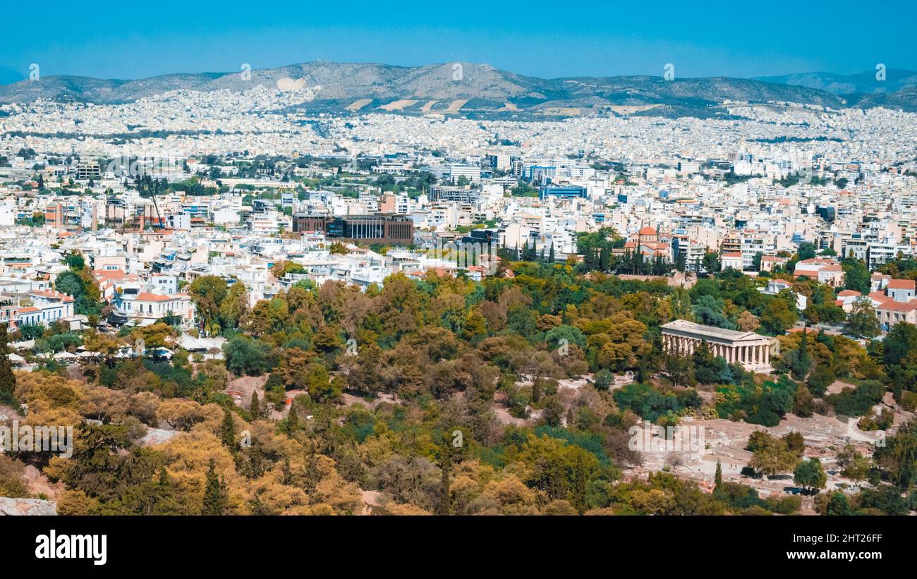 Aerial panoramic view of the city of Athens from the Acropolis on a sunny day, Athens, Greece ...