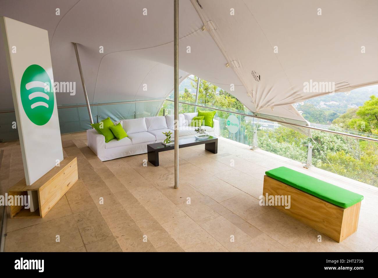 Spotify-branded decor at a small events venue Stock Photo - Alamy