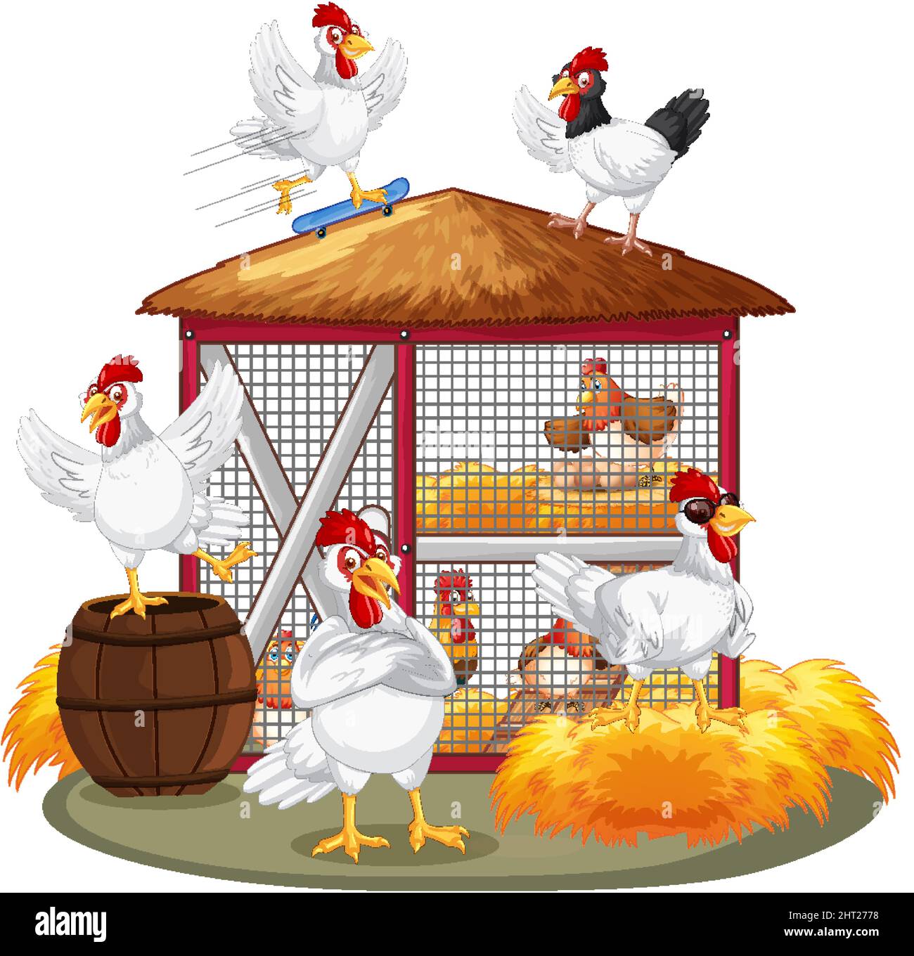 An isolated scene with a group of chickens in cartoon style ...