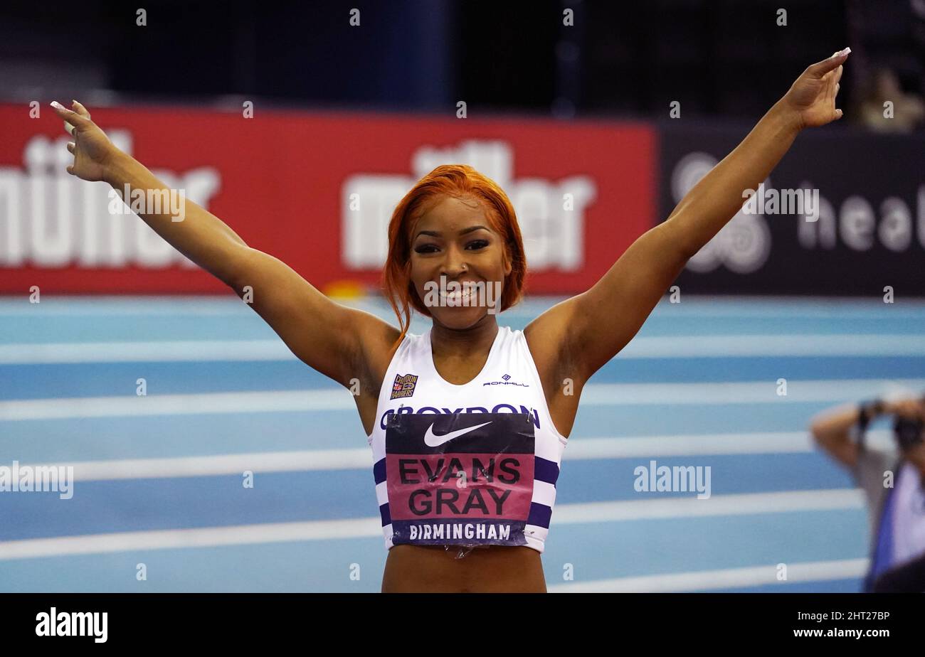 Cheyanne Evans Gray celebrates winning the Women's 60m final during day ...