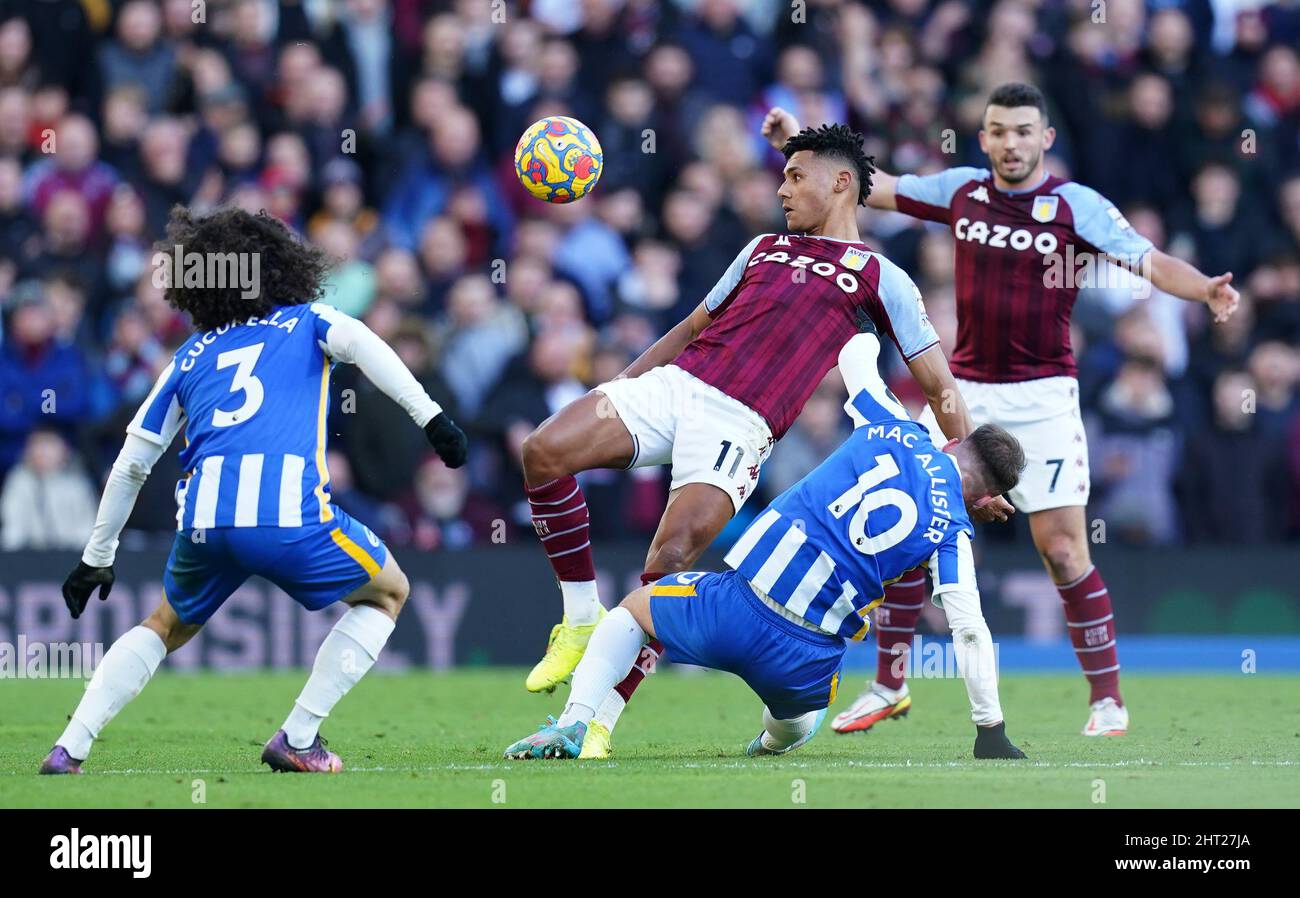 Aston Villa's Ollie Watkins (centre) and Brighton and Hove Albion's Alexis Mac Allister (right ...