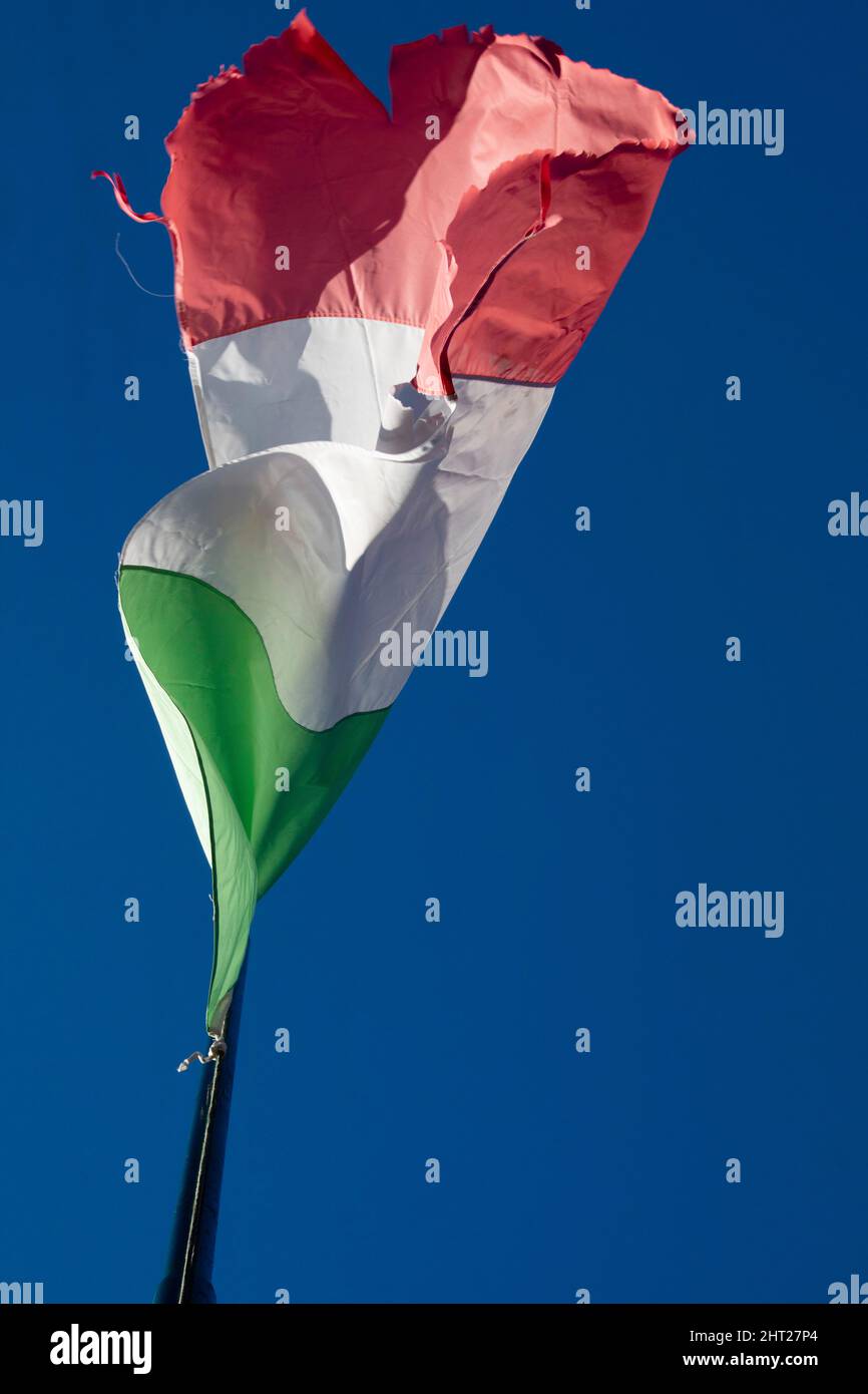 The Italian tricolor flag worn and torn by the wind in a blue sky Stock ...