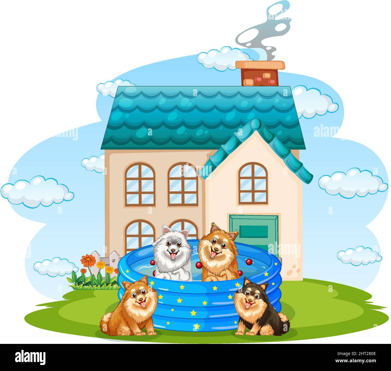 Many dogs playing outside the doghouse illustration Stock Vector Image ...