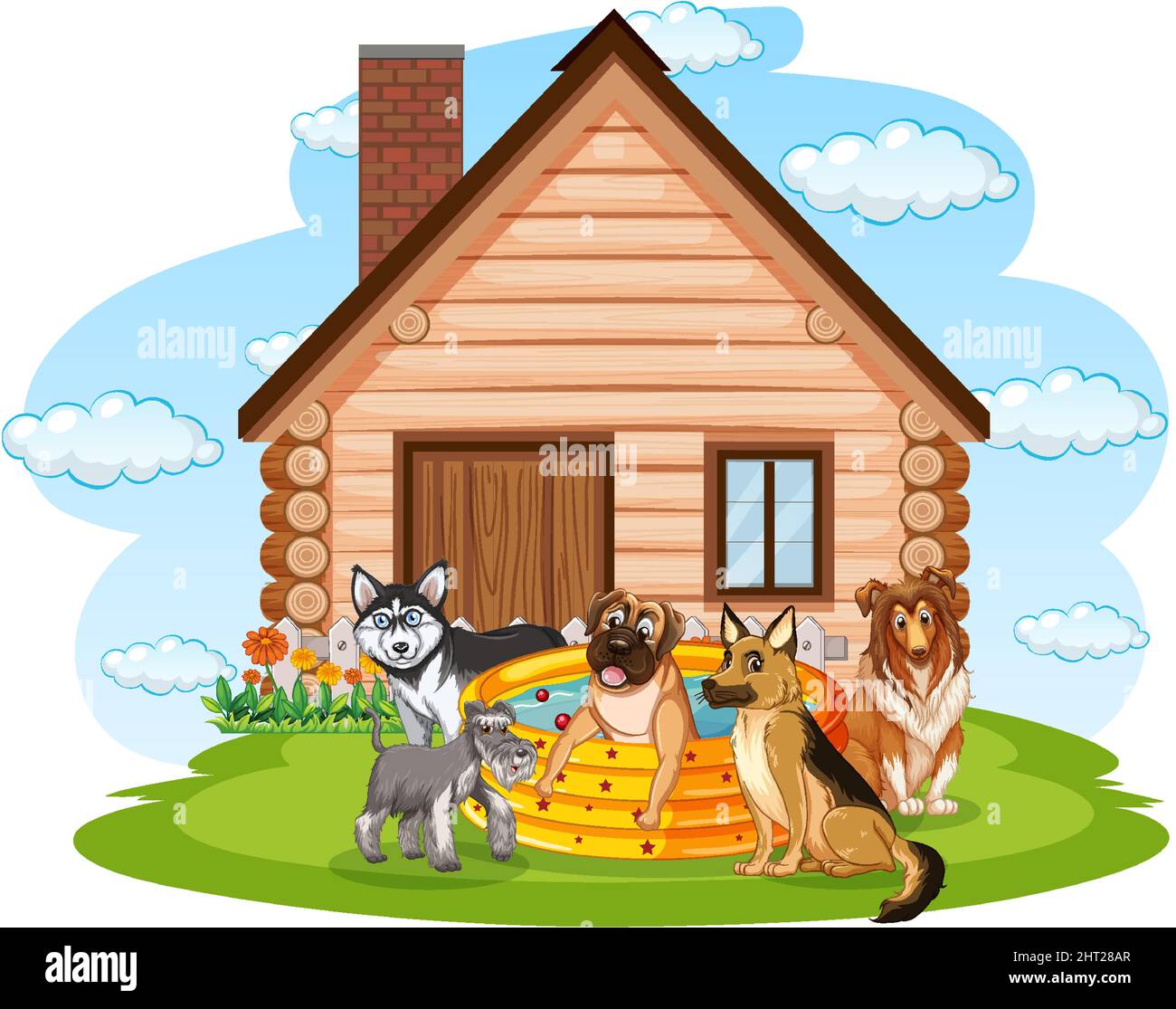 Many dogs playing outside the doghouse illustration Stock Vector Image ...