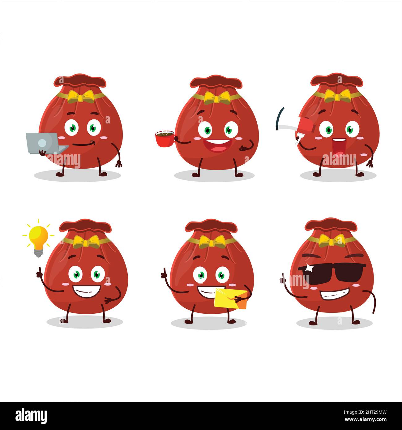 Red bag cartoon character with various types of business emoticons ...