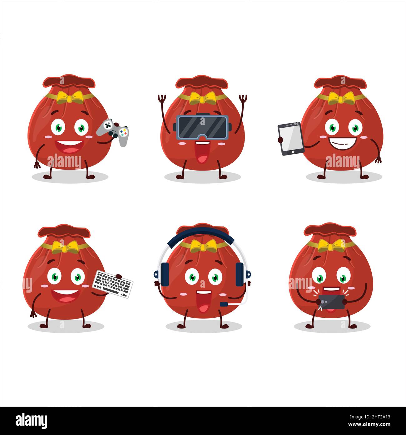 Red bag cartoon character are playing games with various cute emoticons ...