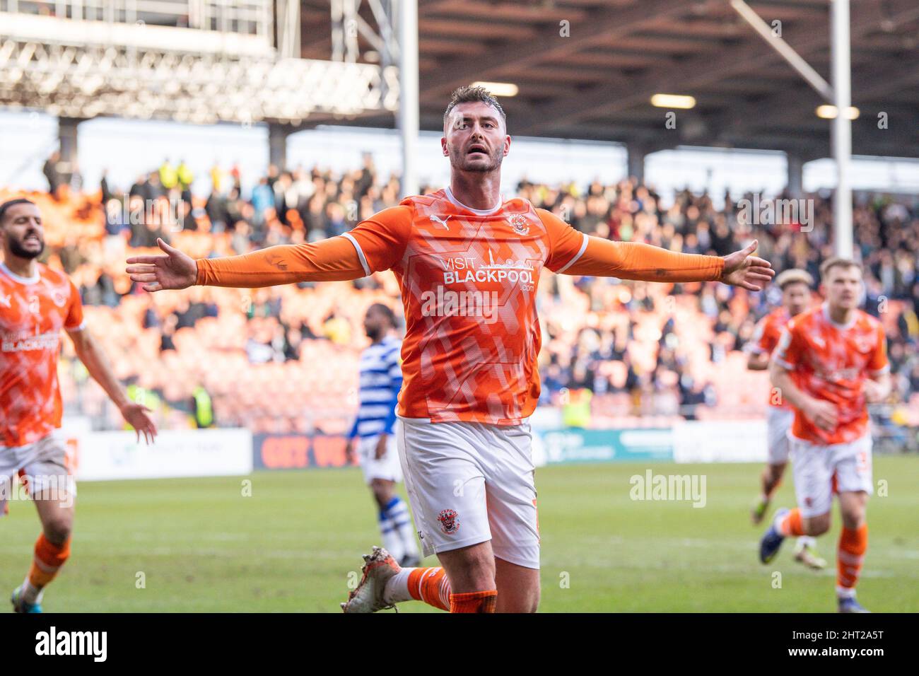 Gary Madine #14 of Blackpool celebrates his goal to make it 2-1 Stock ...