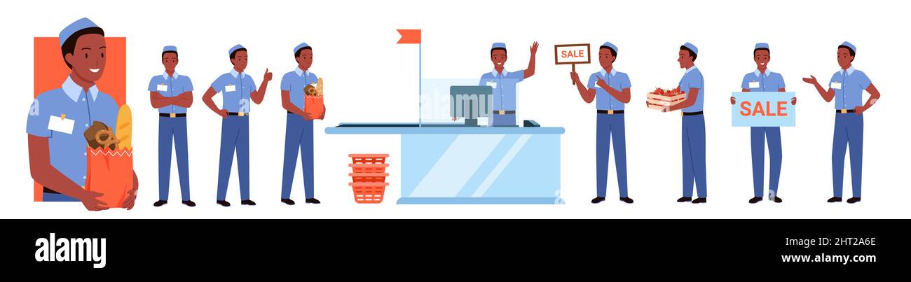 Grocery retail store male employee at work set, supermarket worker ...