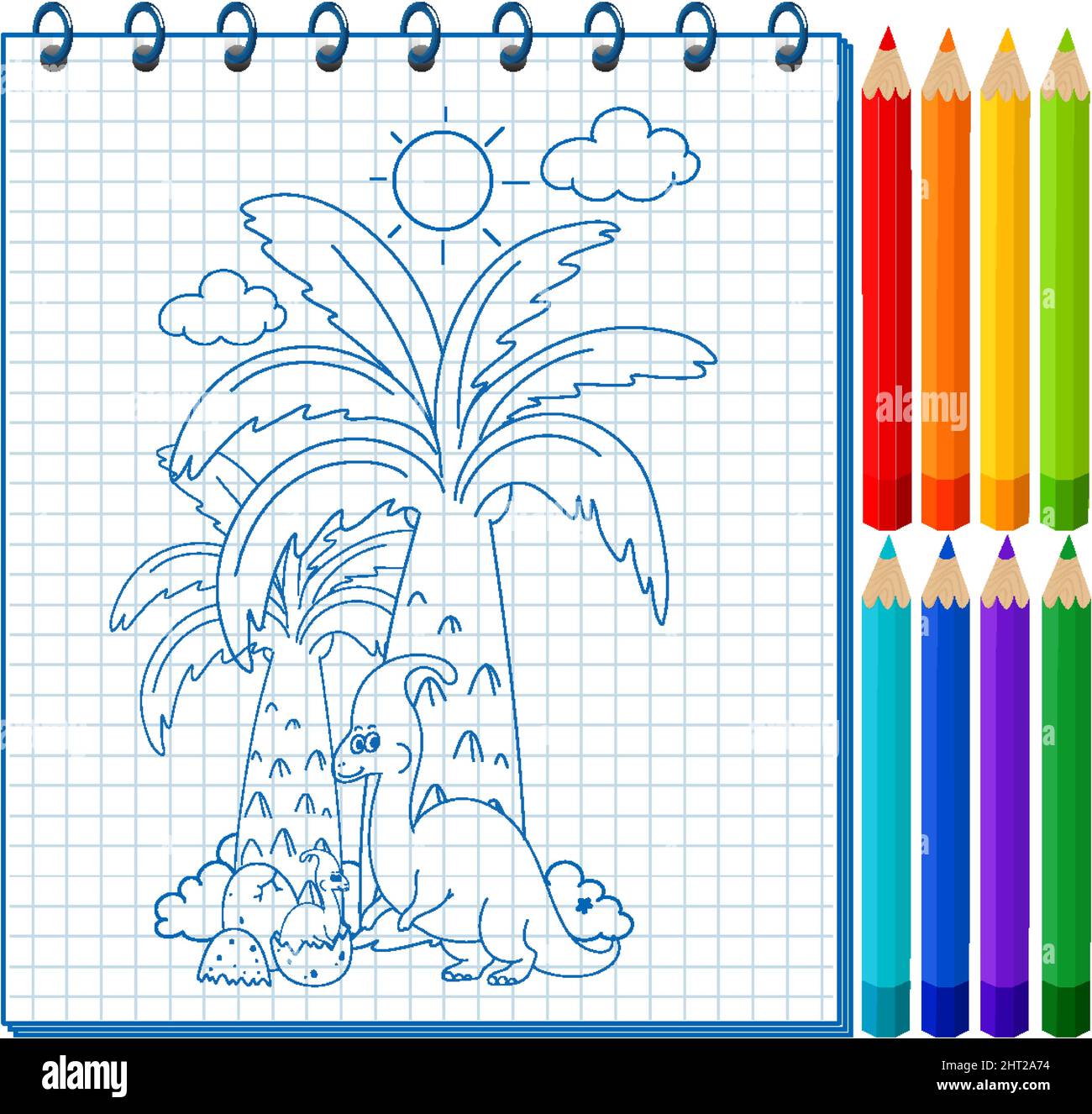 A notebook with a doodle sketch design and colour pencils illustration ...