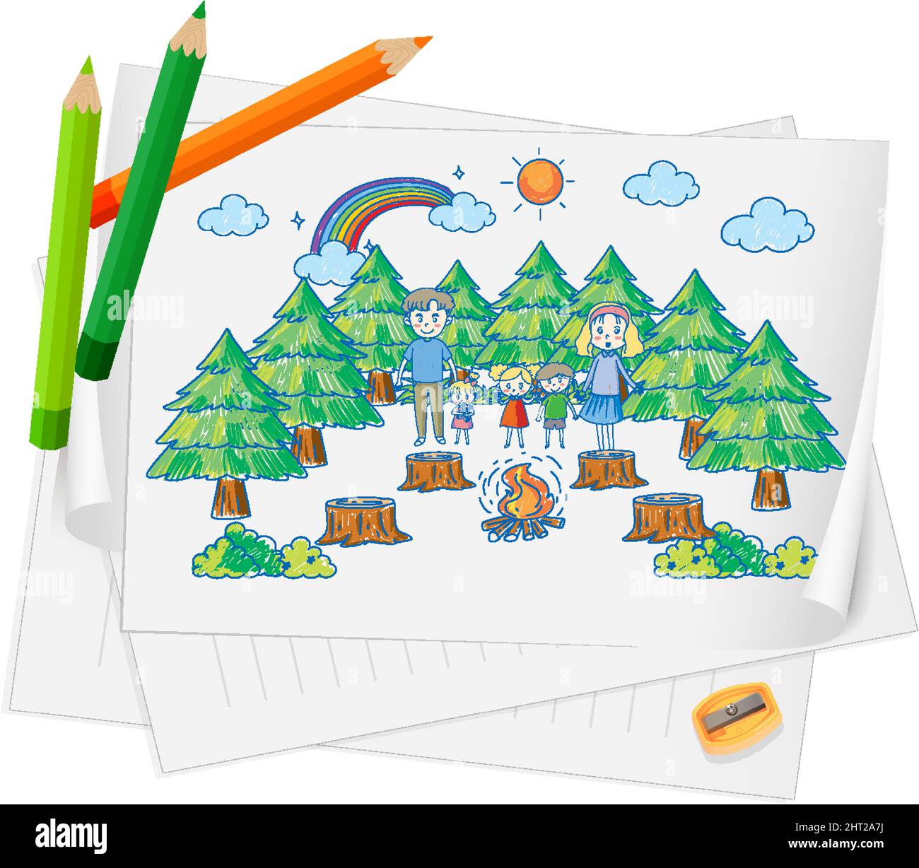 A paper with a doodle sketch design with color and colour pencils ...