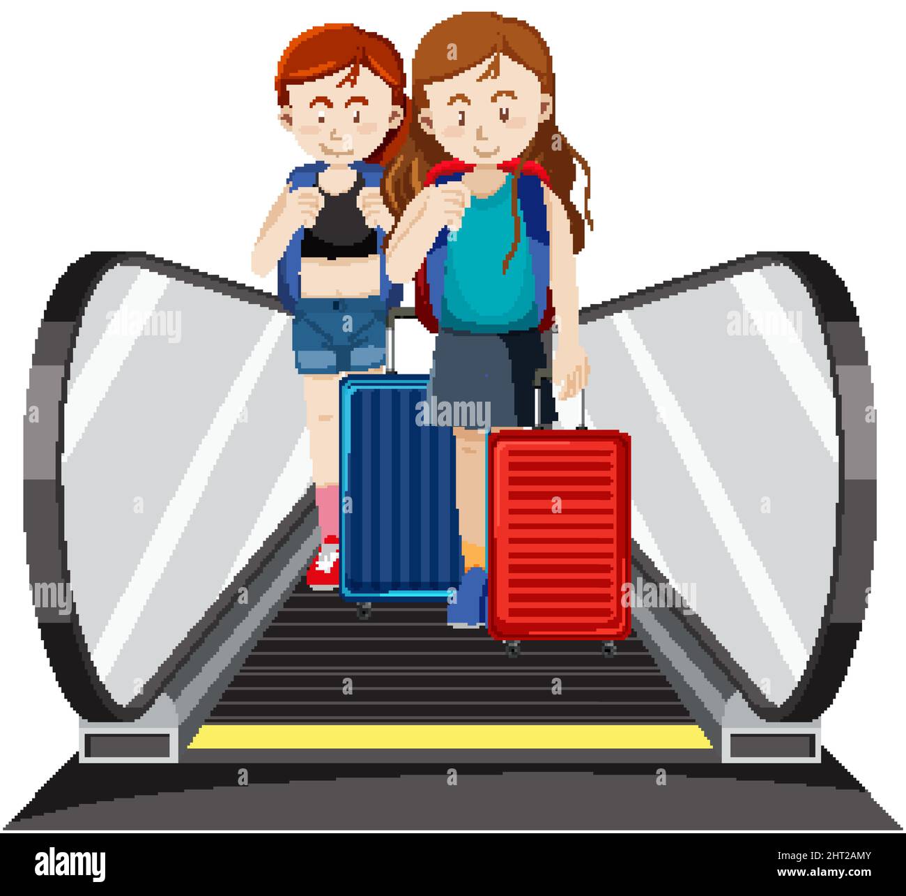 Front view of two travellers on moving walkway illustration Stock ...