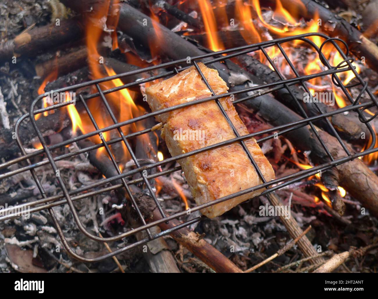 Salmon fillet in gridiron over open fire Stock Photo - Alamy