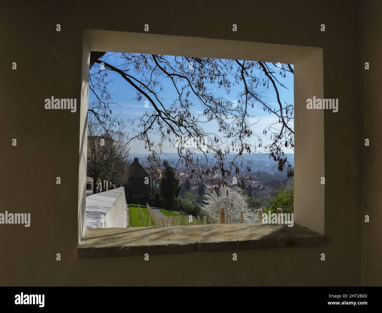 view of nature through the quadratic form aperture in the wall Stock ...