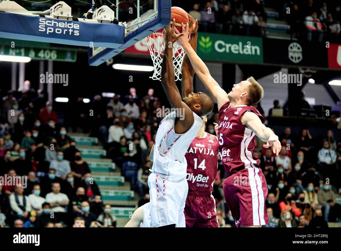 Kevin TUMBA (16) of Belgium and Mareks MEJERIS (5) of Latvia during the ...